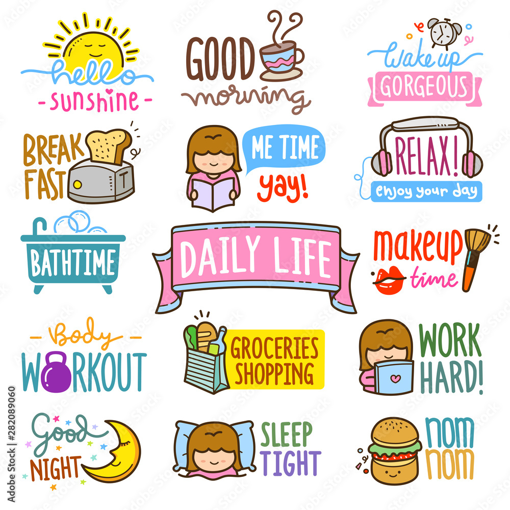 Daily Life Design elements. Colorful Vector Doodle Cartoon Illustration ...