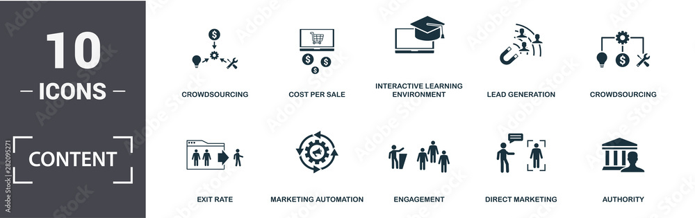 Content icon set. Contain filled flat content optimization, content ...