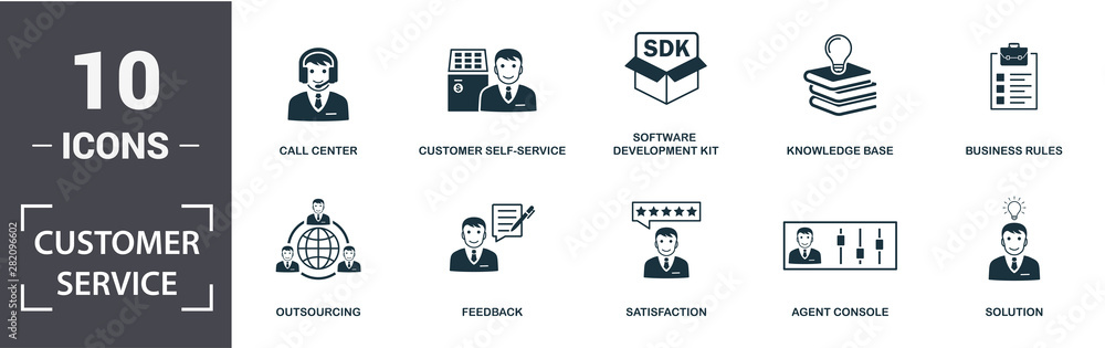 Customer Service icon set. Contain filled flat agent console, call ...
