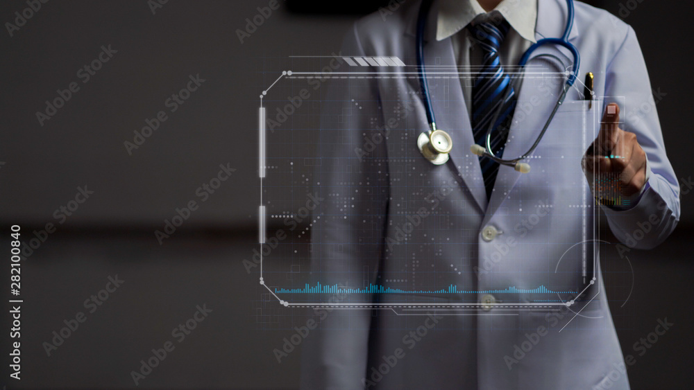 doctor touching futuristic screen for medical data review, modern ...
