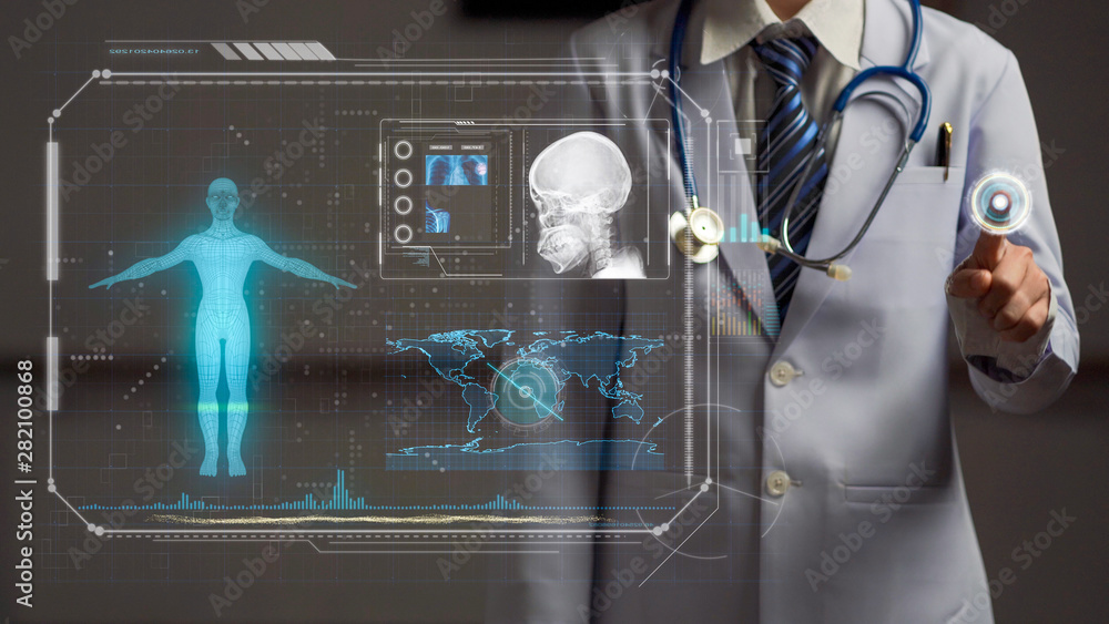 doctor touching futuristic screen for medical data review, modern ...