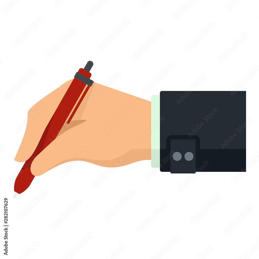Writing hand red pen icon. Flat illustration of writing hand red pen ...