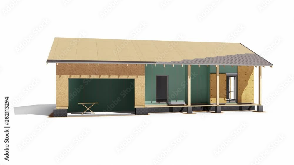 Process of assembling house with wooden frame structure on white ...