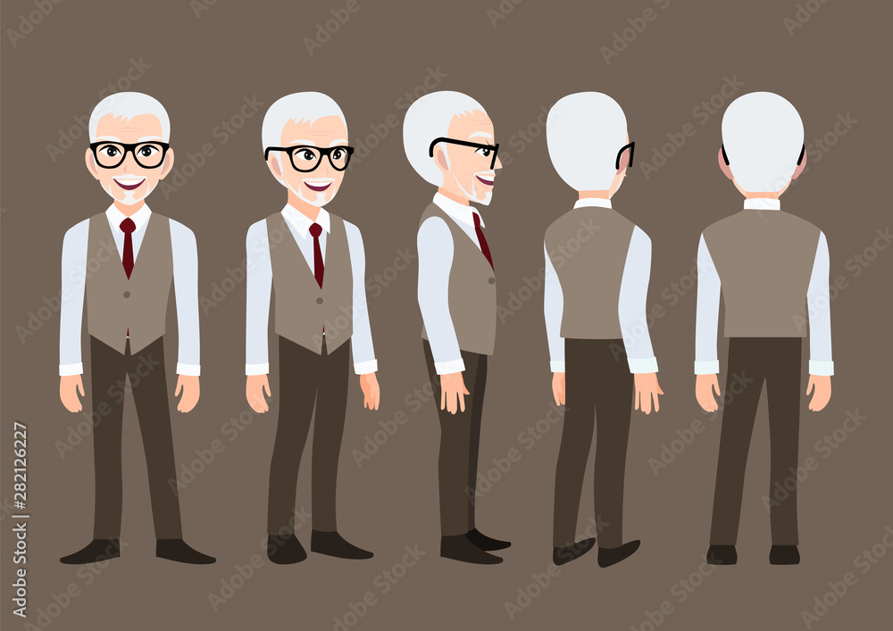 Cartoon character with business man. Front, side, back, 3-4 view ...