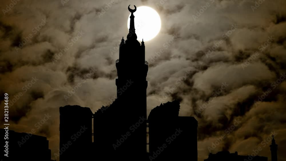Mecca Clock Tower, Time Lapse by Night with Full Moon, Dark Sky and ...