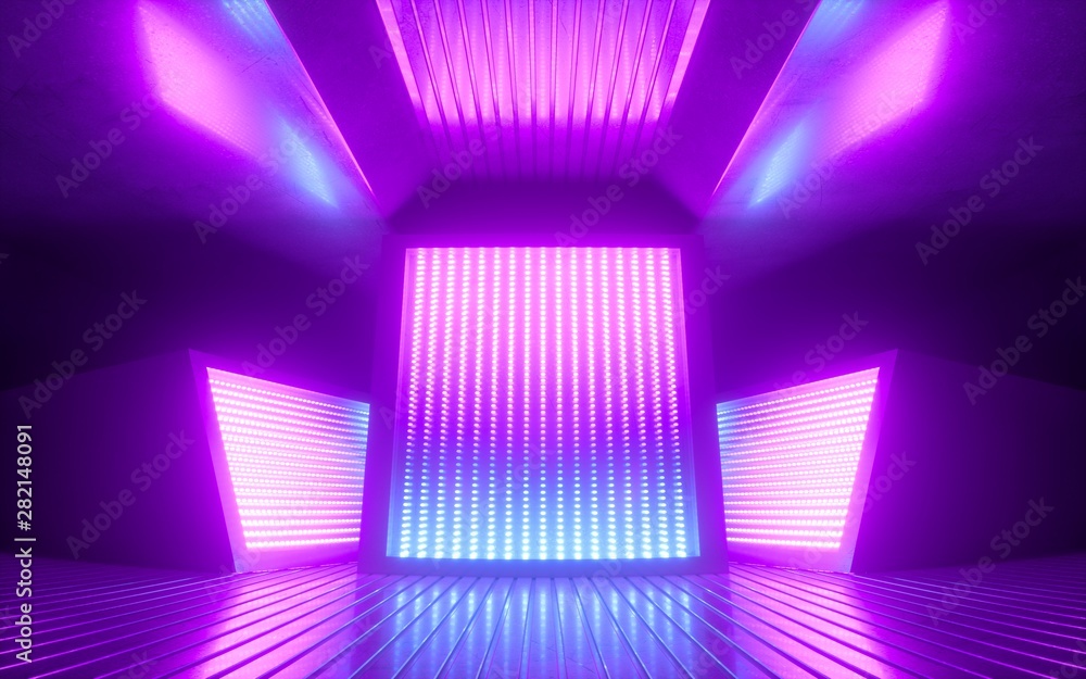 3d render, bright pink violet neon abstract background, glowing panels ...