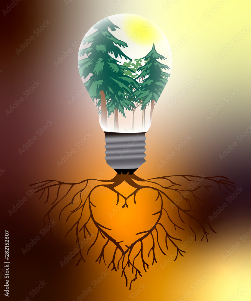 bosque de pinos con sol dentro de un foco o lampara con raíces formando ...