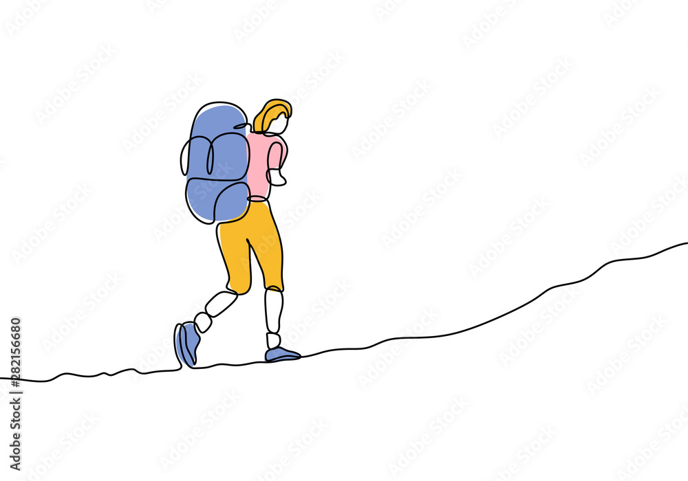 Continuous line drawing of a girl walking and hiking with backpacks ...