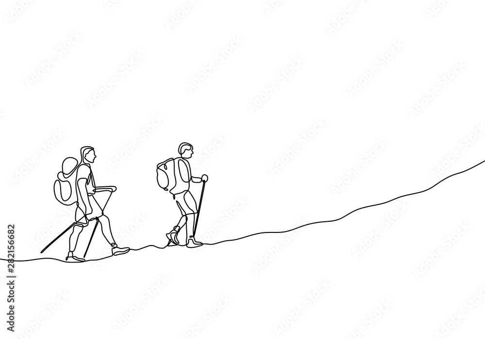 Continuous line drawing of group two people hiking and climbing ...