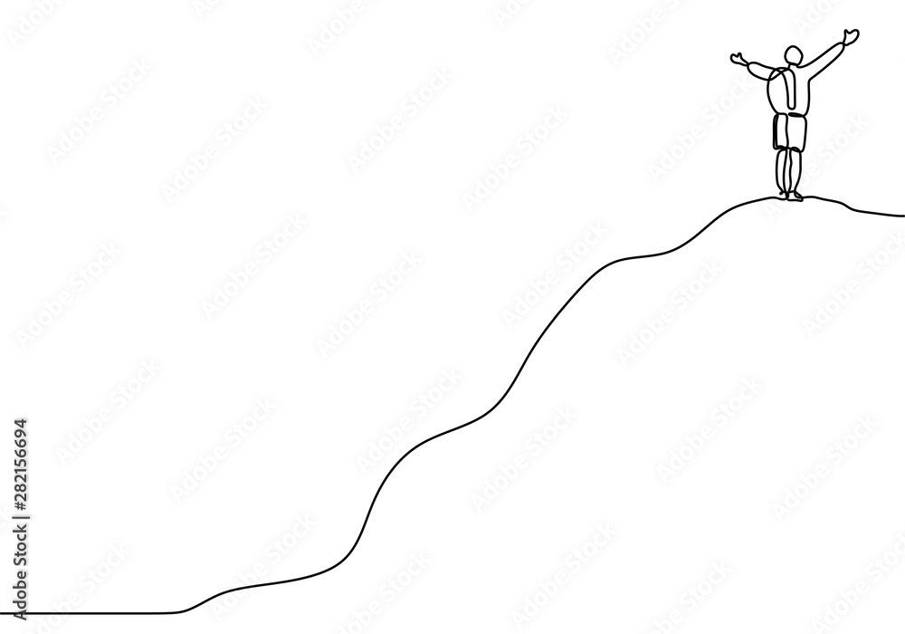 Continuous line drawing of person rising hands after climbing a peak of ...