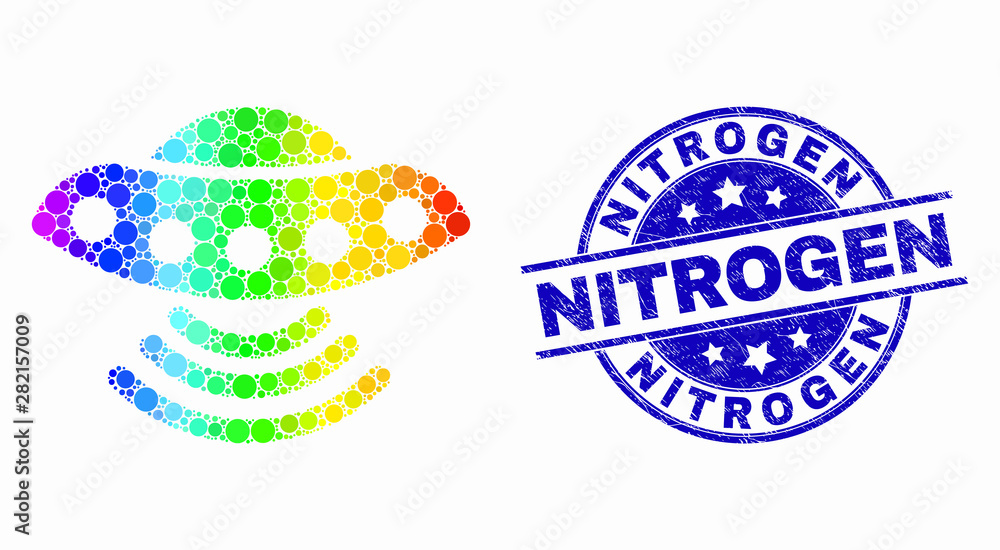 Dotted rainbow gradiented UFO mosaic pictogram and Nitrogen seal stamp. Blue vector round ...