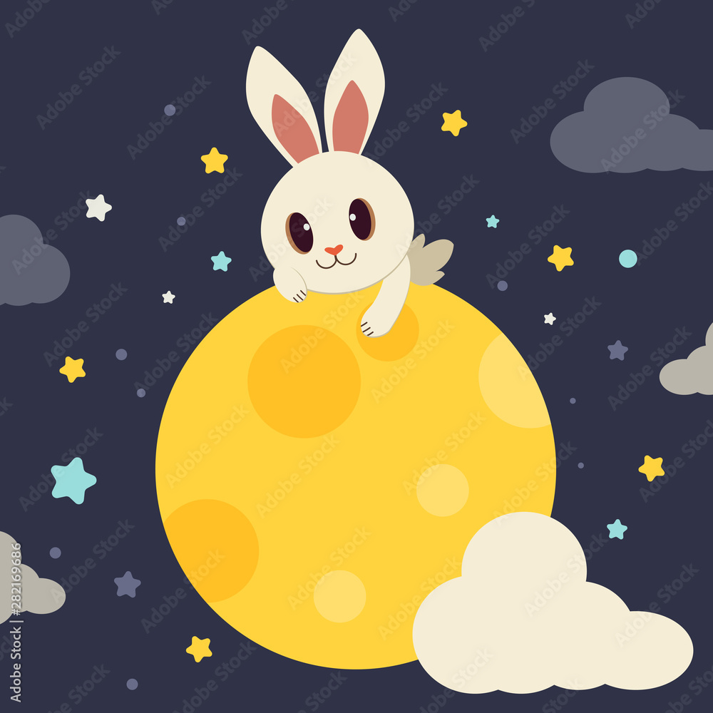 The character of cute rabbit sitting on the full moon. The ribbit gaps ...