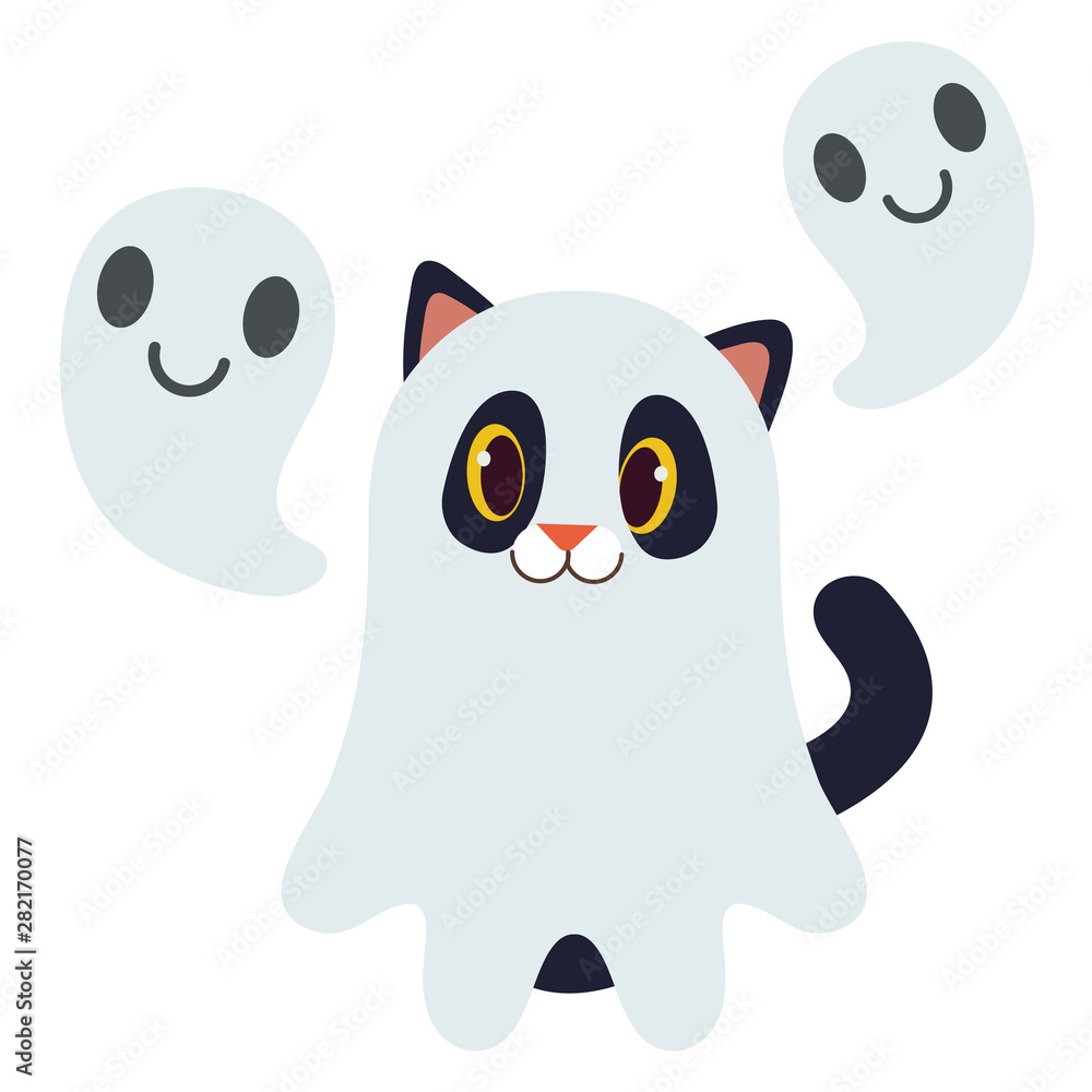 The character cute black cat as white ghost and ghost friend. The ...