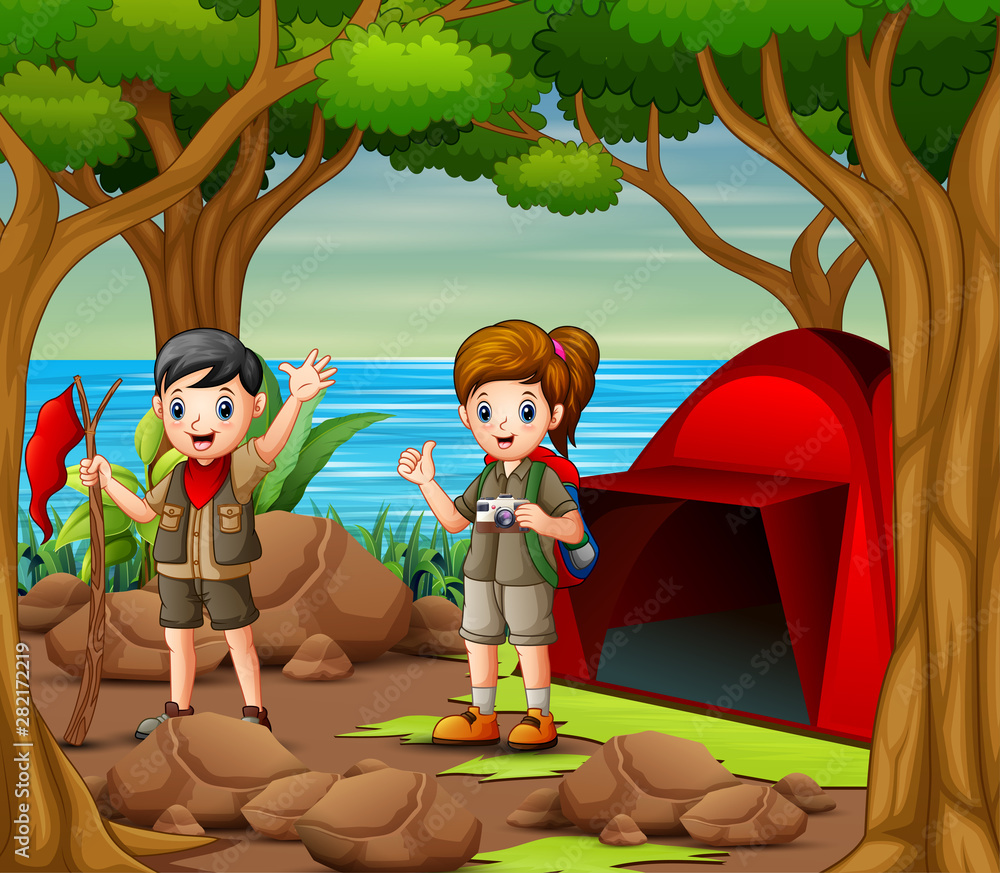 Cartoon kids in explorer outfit camping out in nature Stock Vector ...