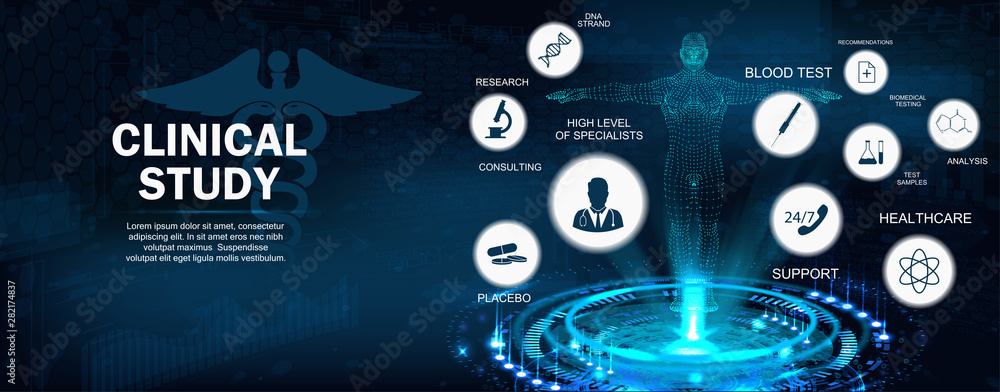 Clinical Study Concept banner with keywords and icons and 3D body ...
