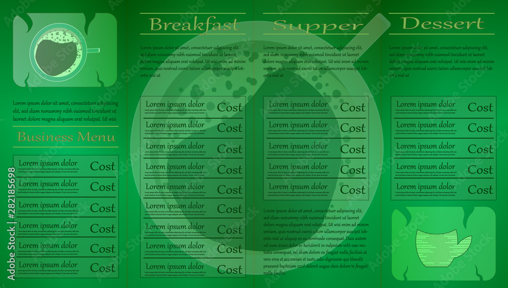 A cup of tea in the background of the menu. Layout of the menu of the ...