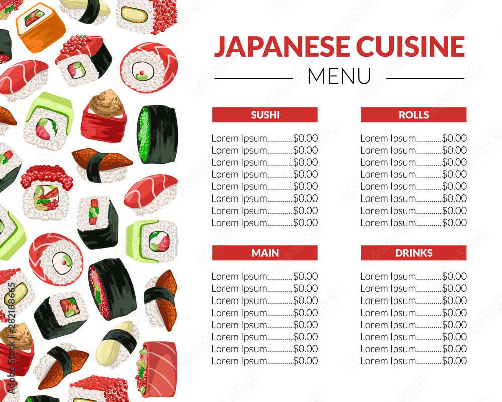 Sushi Menu Template for Restaurant, Bar or Cafe, Japanese Seafood ...