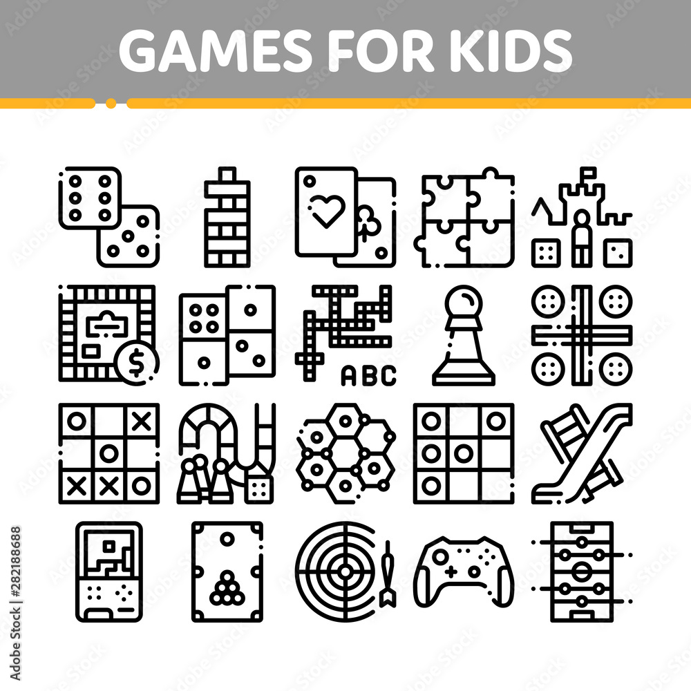 Interactive Kids Games Vector Thin Line Icons Set. Domino, Chess And ...