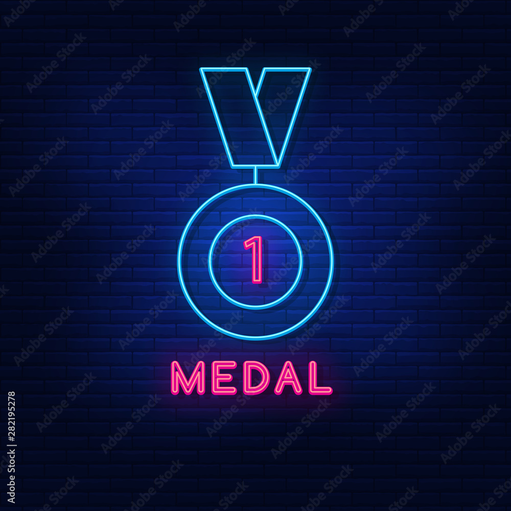 Neon illumination of the medal. Bright first 1 place. Modern vector ...