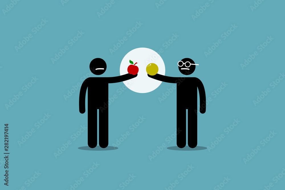 Comparing apple with orange. Vector artwork of two different man ...