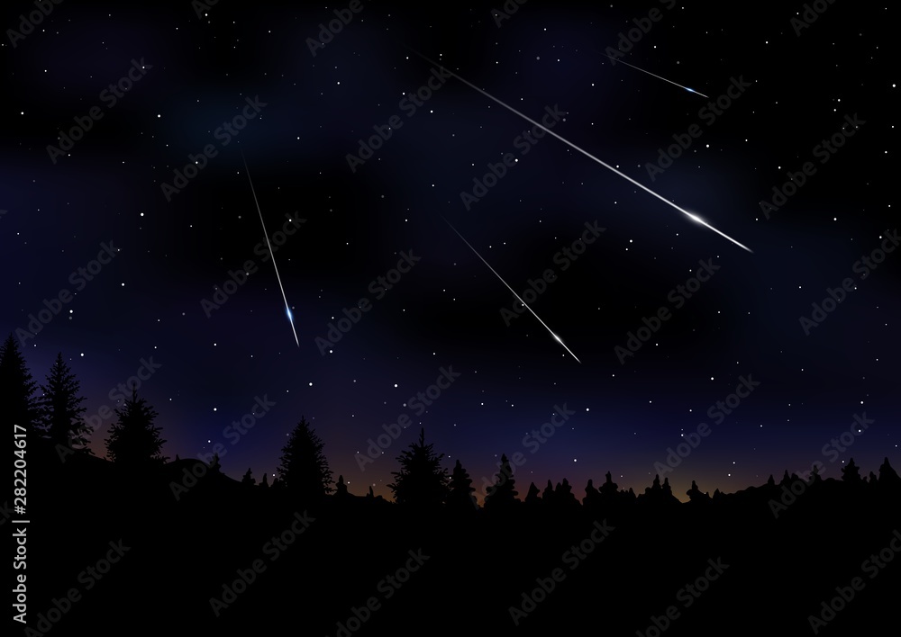Vector illustration of Meteor Shower. Falling Perseids on dark night ...