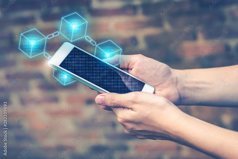 Decentralize Businessman future innovation blockchain technology concept token money bank ...