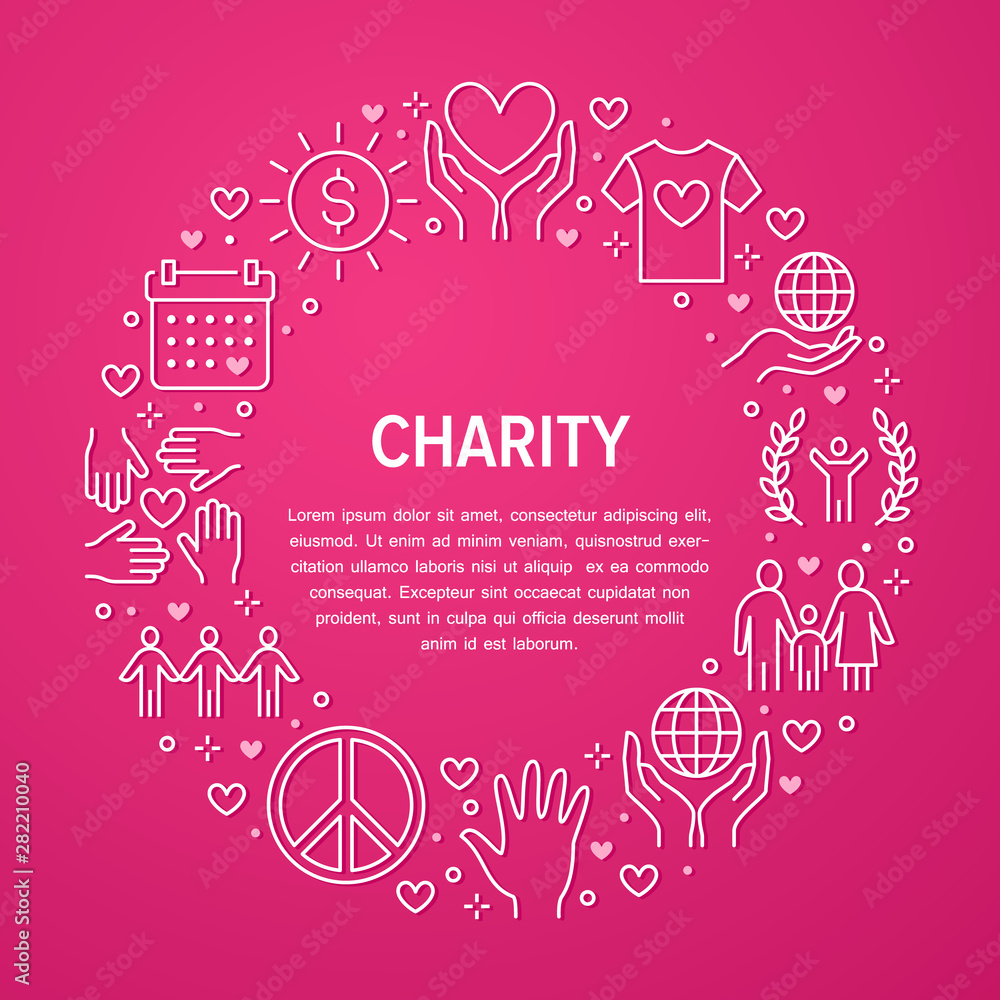 Charity vector circle banner with flat line icons. Donation, nonprofit ...