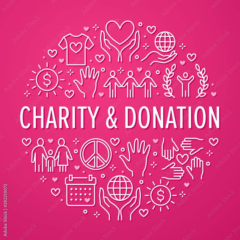 Charity vector circle banner with flat line icons. Donation, nonprofit ...