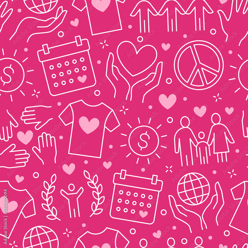 Charity vector seamless pattern with flat line icons. Donation ...