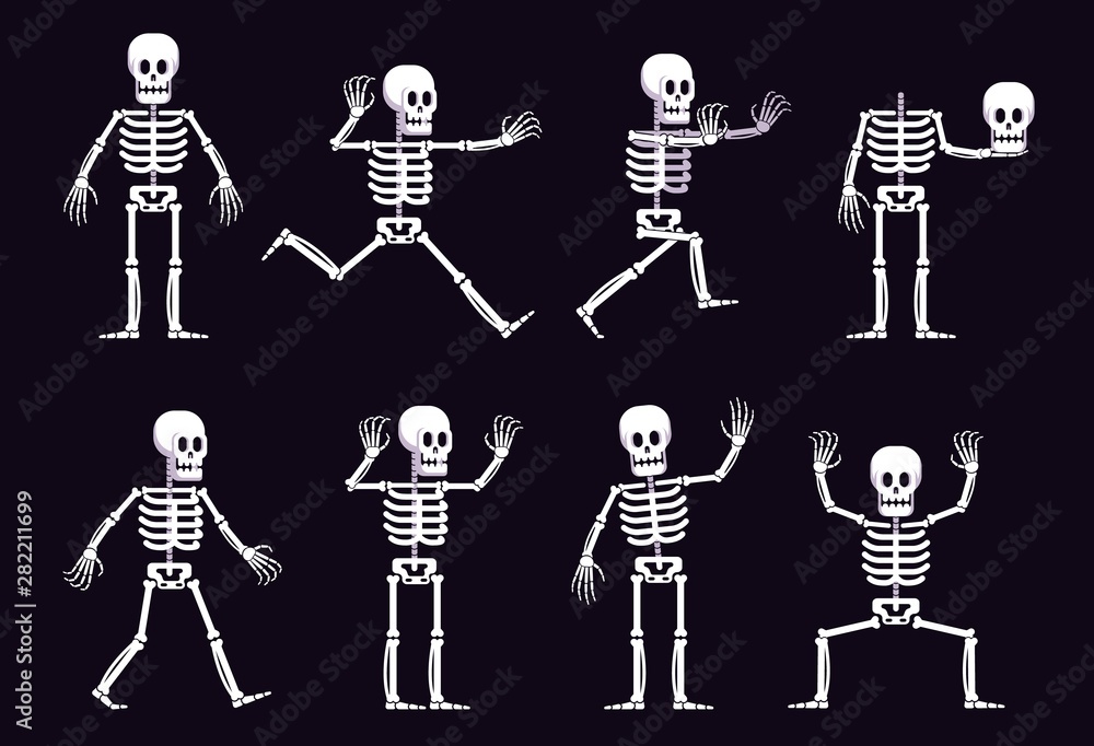 Halloween cartoon skeleton in different positions. Running skeleton ...