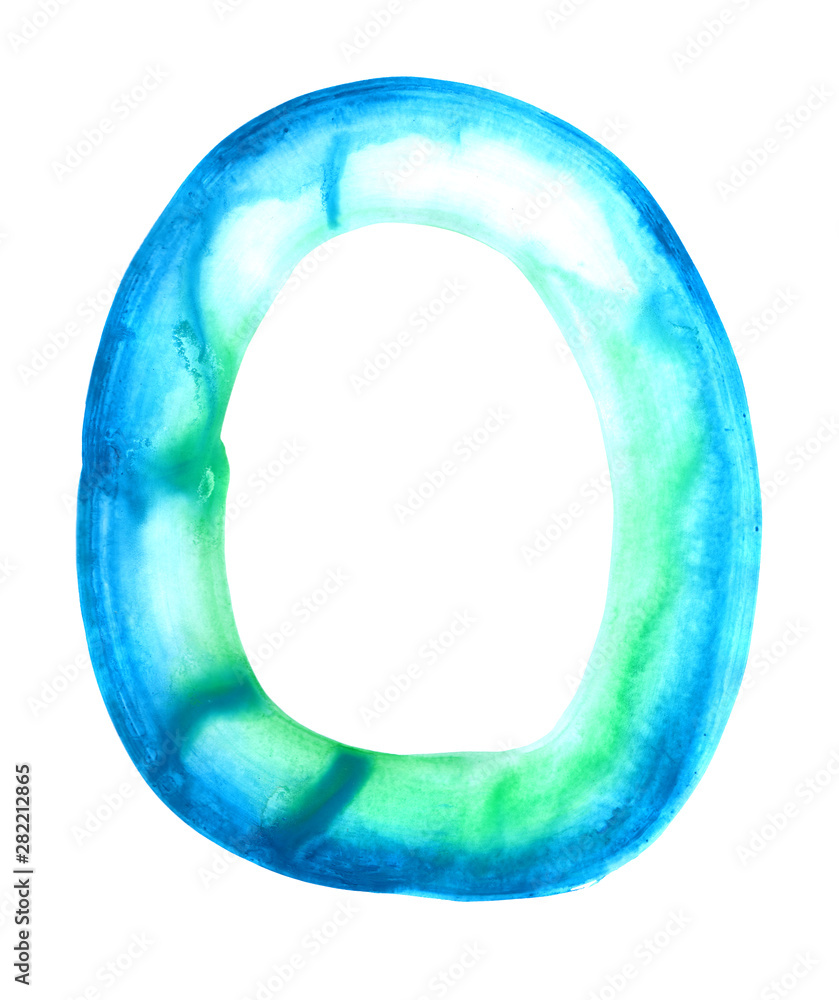 Blue and green watercolor hand drawing letter O on white background ...