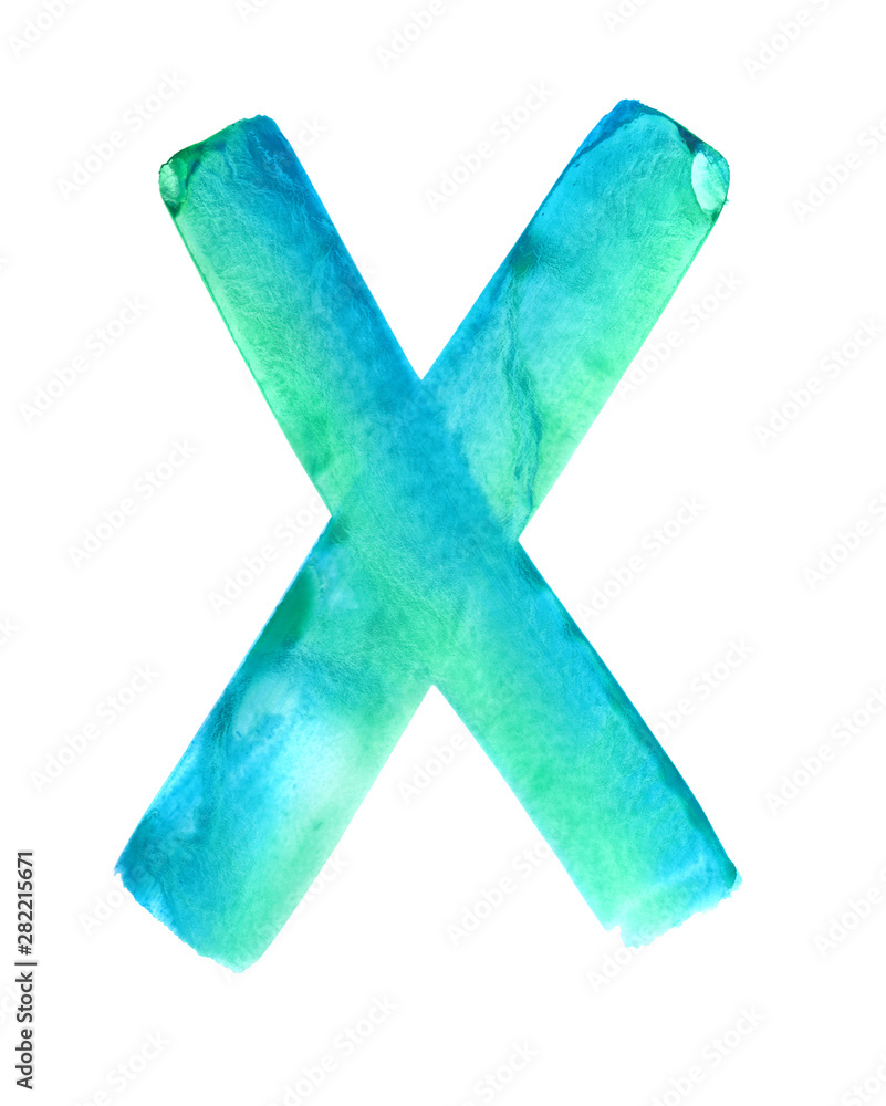 Blue and green watercolor hand drawing letter X on white background ...