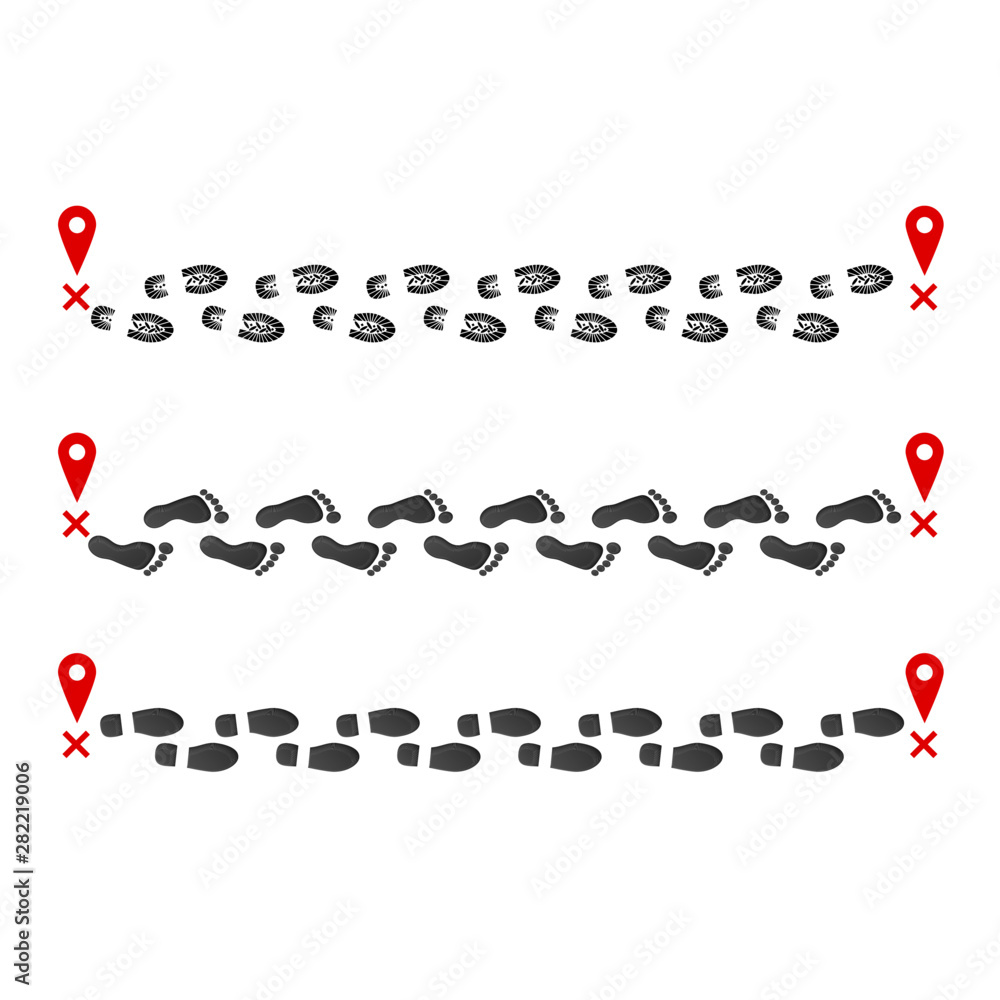 Footprint trail from start point to finish pin. Print of boots and ...