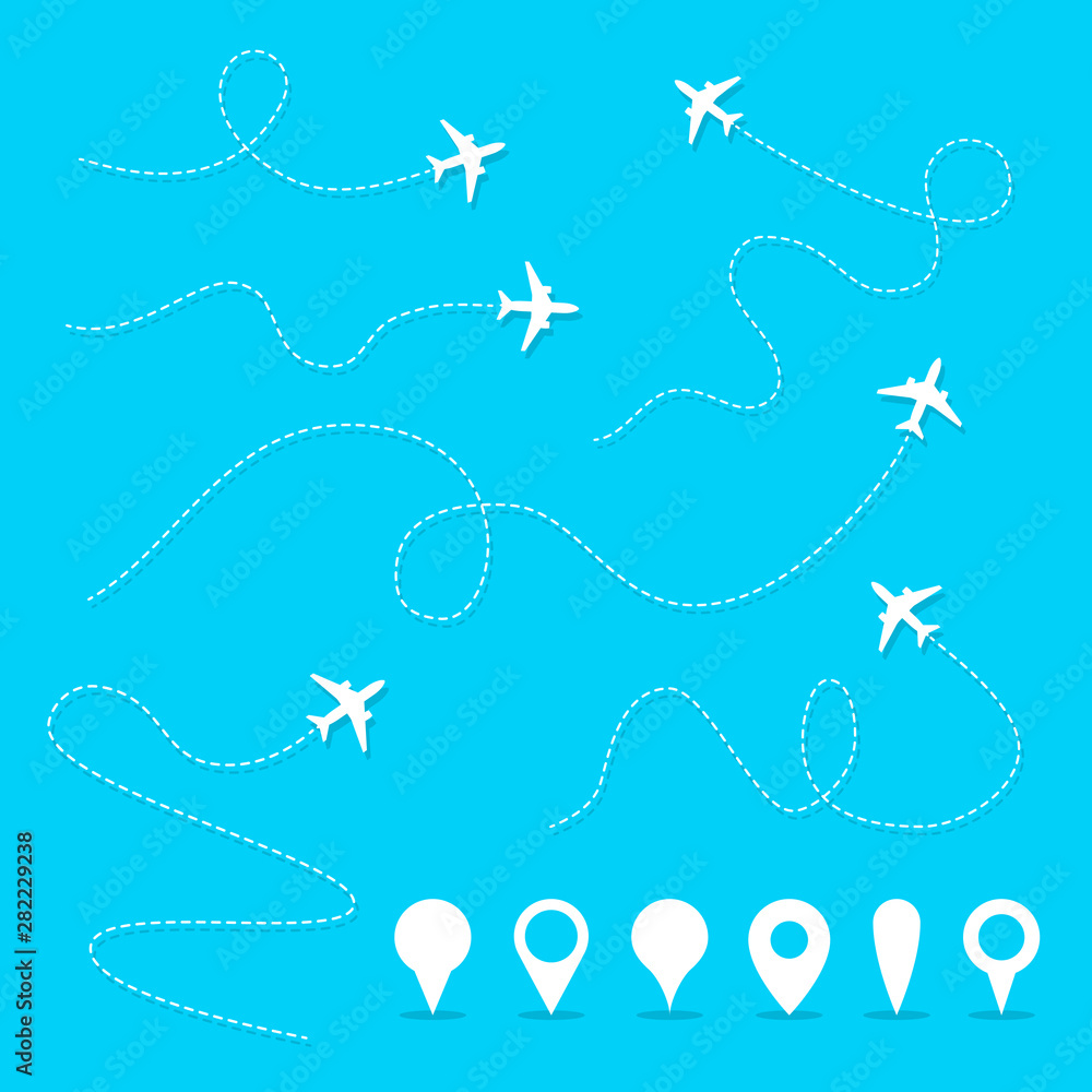 Vector plane line path. Airplane directional pathway, fly direction and ...