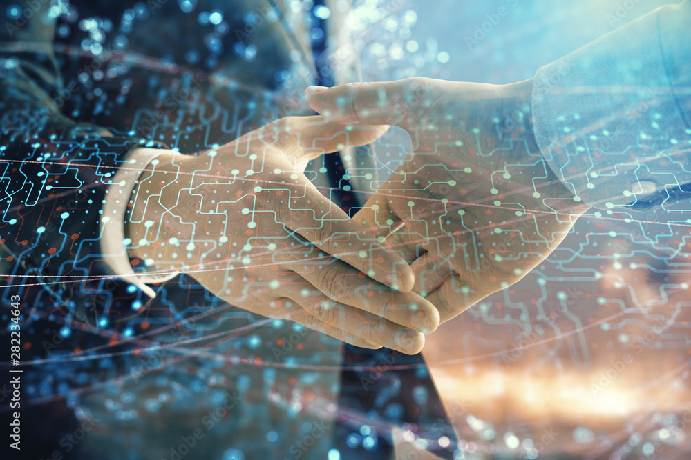 Double exposure of abstract technology drawing on cityscape background ...