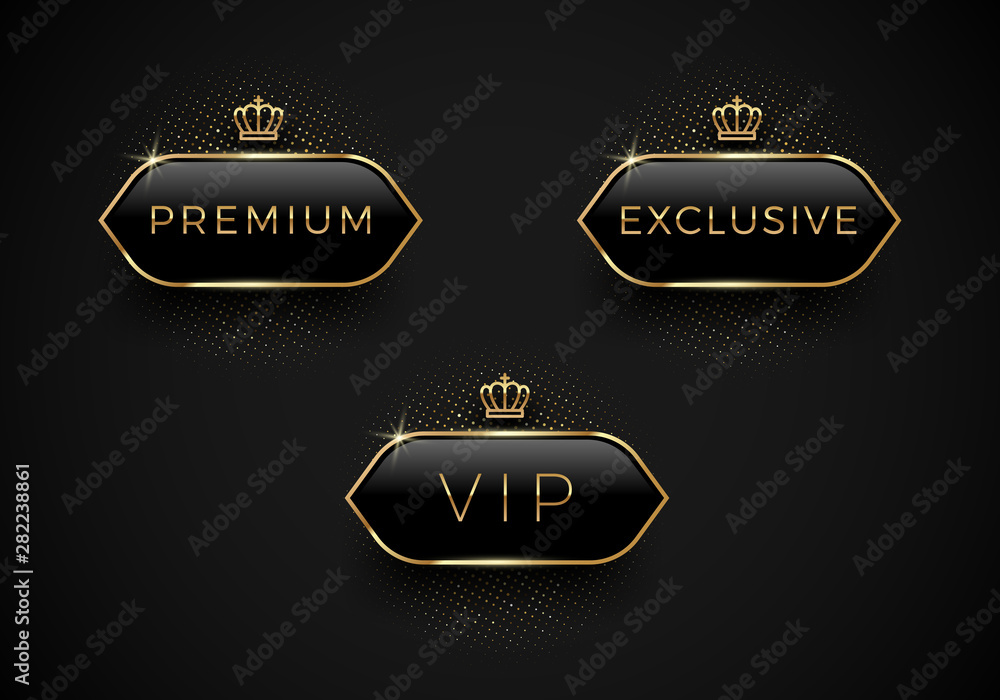Vip, Premium and Exclusive black glass labels with golden crown and ...