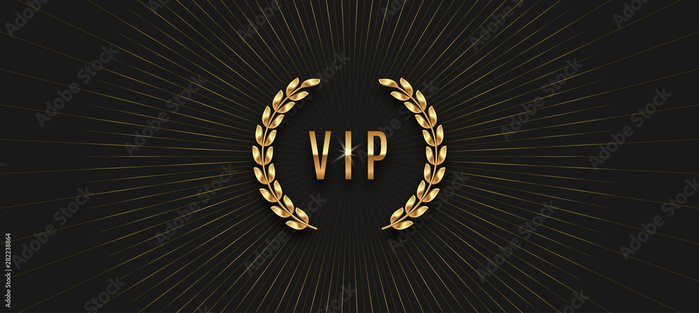 Vip golden label with laurel wreath and sunburst rays on a black ...