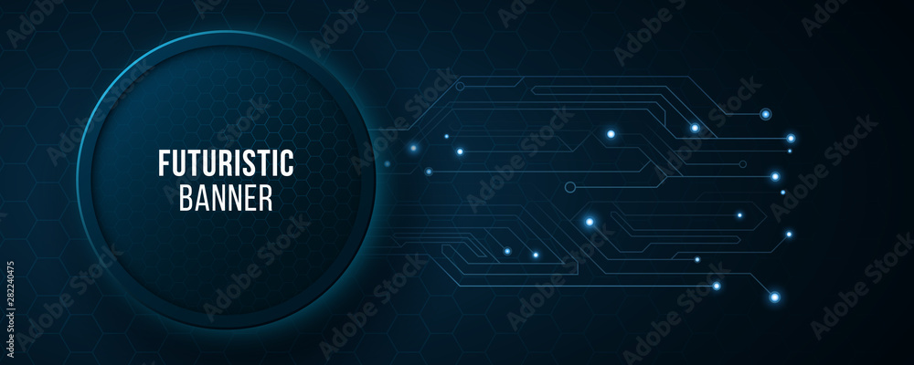 High tech banner with computer circuit. Modern tech design. Blue neon ...