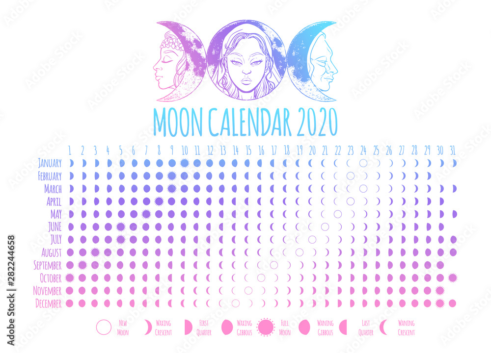 Moon calendar, 2020 year, lunar phases, cycles. Design illustrated with ...