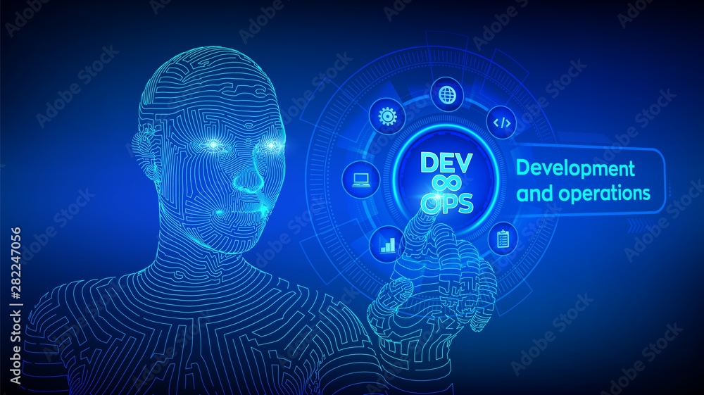 Devops. Agile development and optimisation concept on virtual screen ...