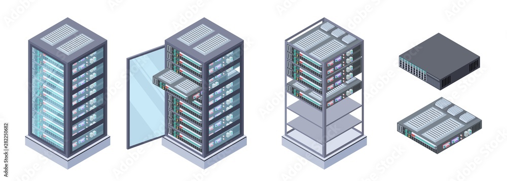 Isometric servers, data storages vector. 3D computer equipment isolated ...