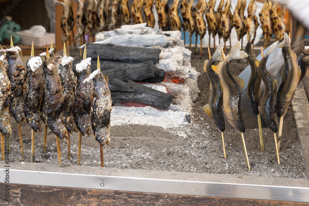 Grilled fresh fish Ayu (sweetfish), Yamame (trout) and Iwana with salt ...