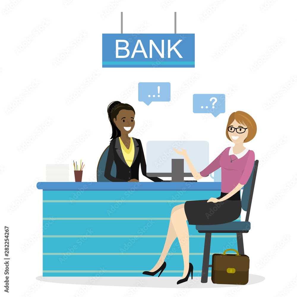Bank employee at work and female client,cartoon business women talking ...