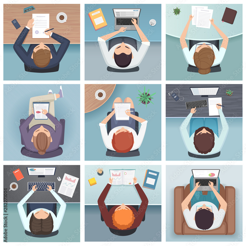 People top view. Meeting business characters desk working space vector ...