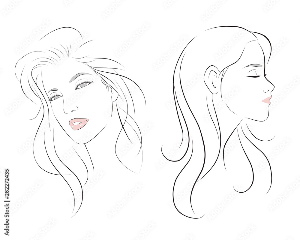girl face long hair portrait isolated on white background. hand drawn ...