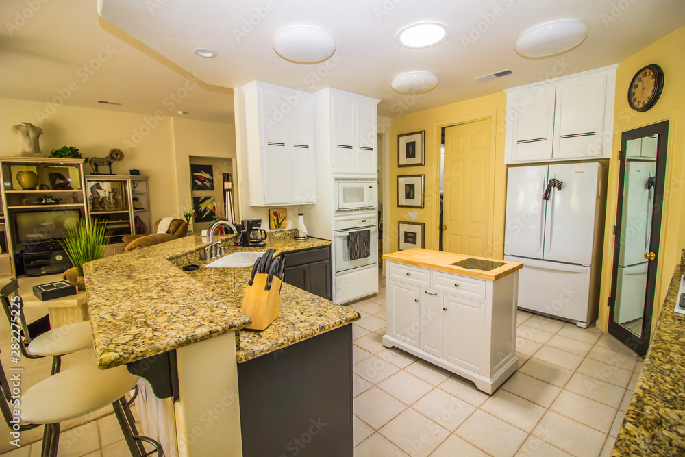 Modern Kitchen With Island And Granite Counter Bar Service Stock Photo ...
