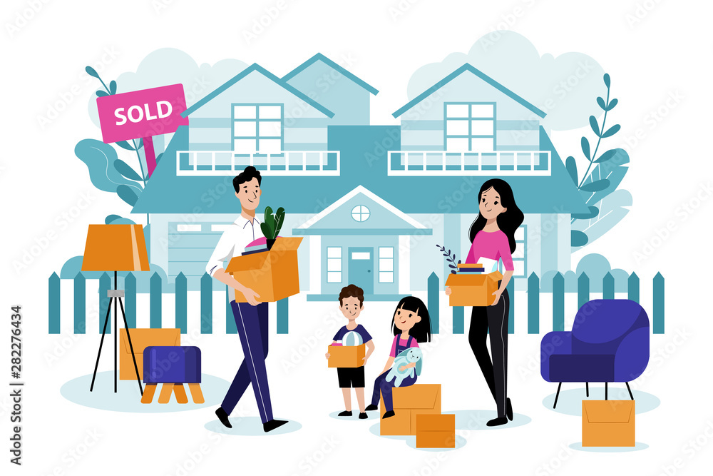 Happy family with two kids move to their new house. Vector flat cartoon ...