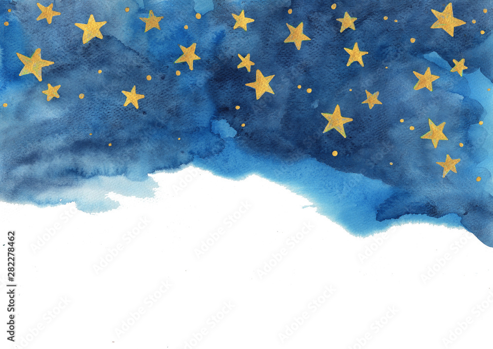 Night sky and gold star watercolor hand painting for decoration on ...