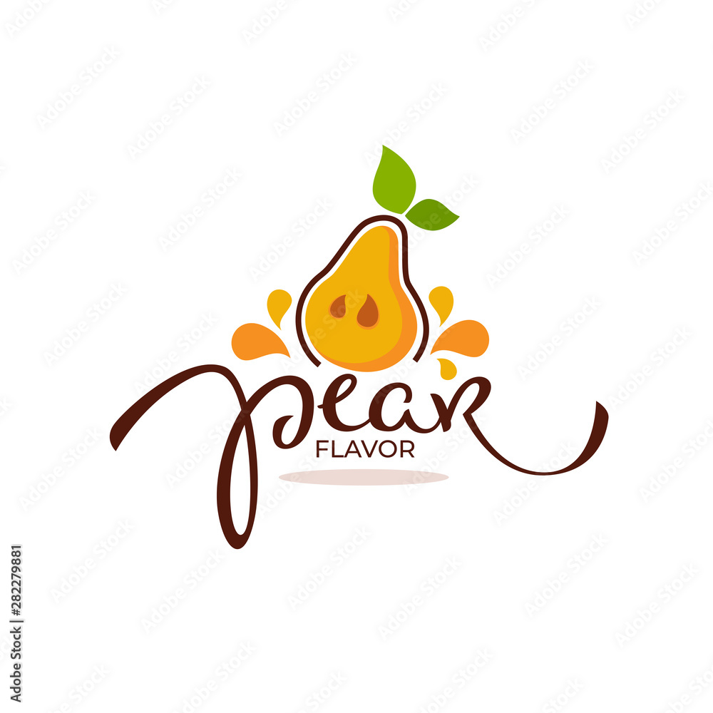 pear flavor, doodle logo, label, emblem with simple fruit image and ...