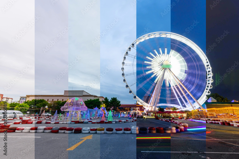 Different shade color of ferris wheel in amusement park with Small quad ...